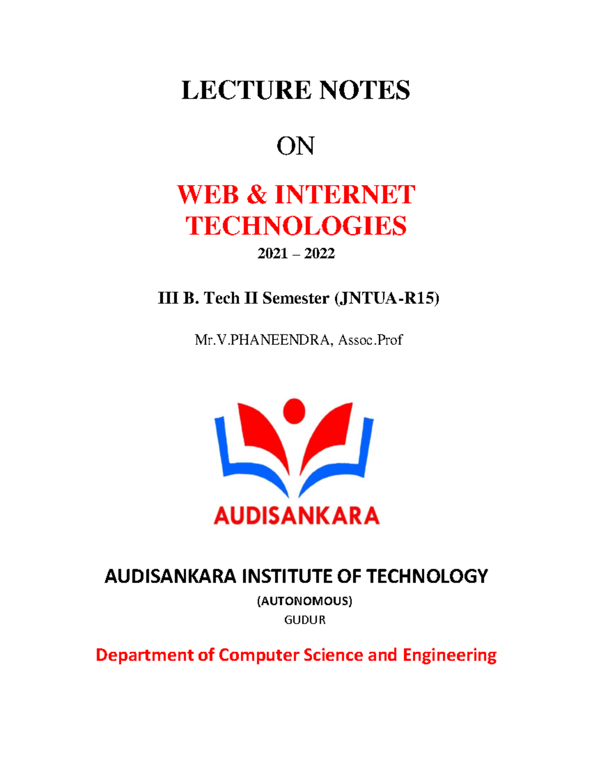 Wit Course Material Full Five Units Of Course Lecture Notes On Web And Internet Technologies
