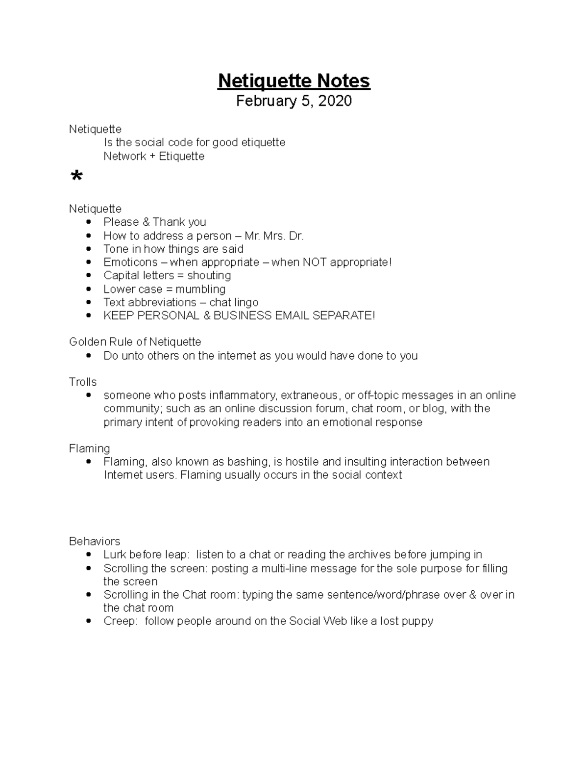 Csc 101 Netiquette Notes Netiquette Notes February 5 2020 Netiquette Is The Social Code For