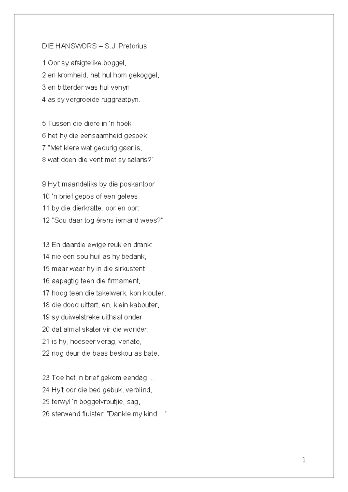 FET - Die Hanswors - FET gedigte - DIE HANSWORS – S. Pretorius 1 Oor sy ...