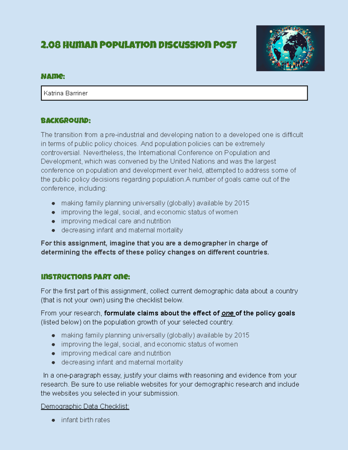 Copy of Revised 2.08 Human Population Discussion Post - 2 Human ...