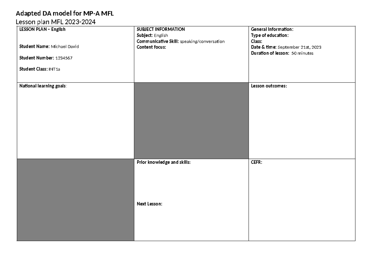 Lesson Plan - Part II - Adapted DA model for MP-A MFL Lesson plan MFL ...