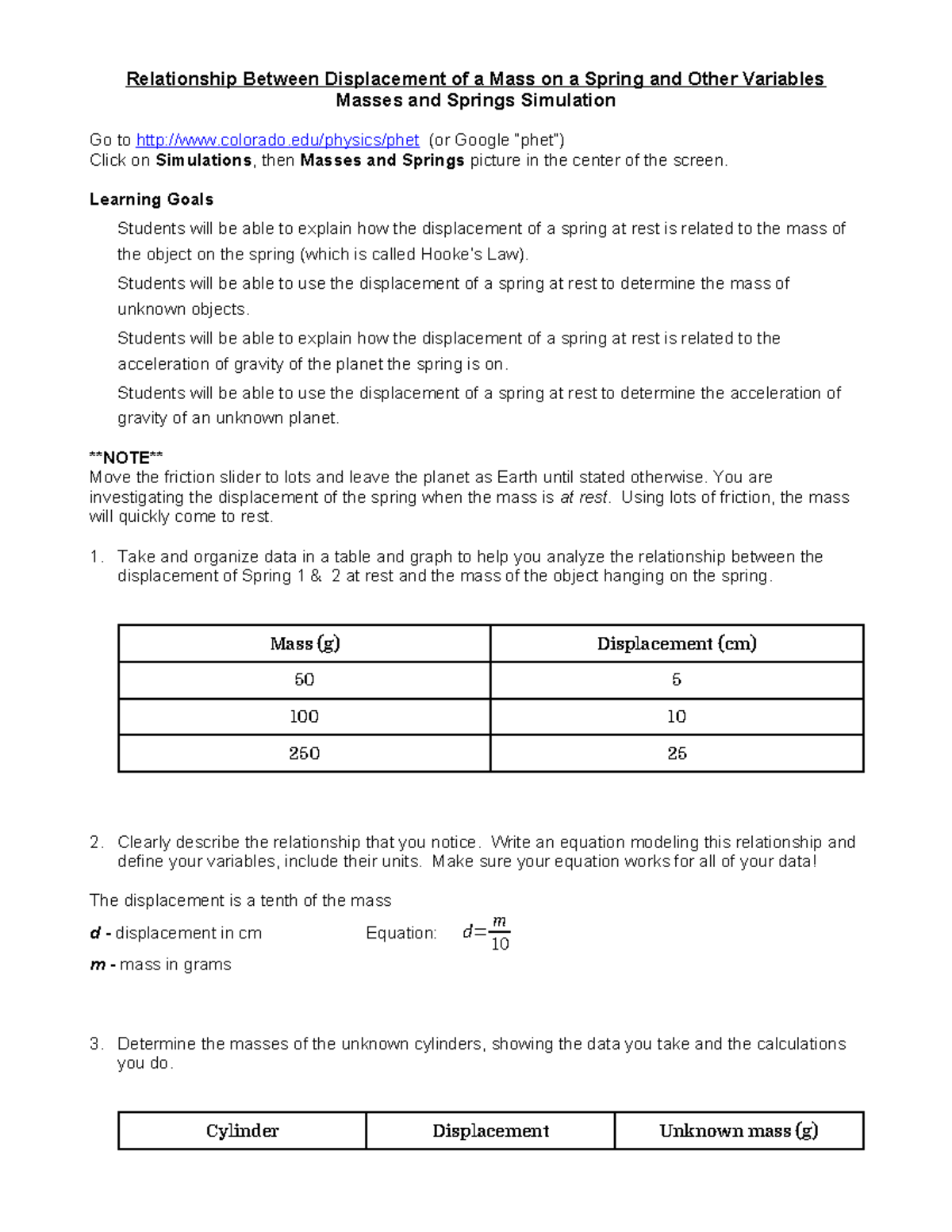 Spring Hooke's Law - Lab - Relationship Between Displacement of a Mass ...