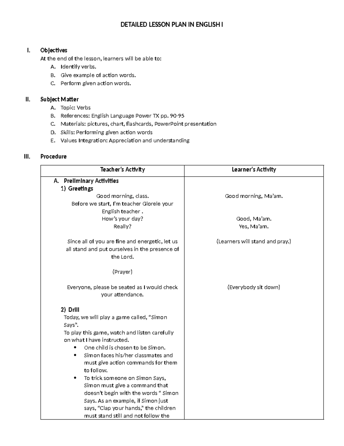 Detailed Lesson PLAN IN English I - DETAILED LESSON PLAN IN ENGLISH I I ...