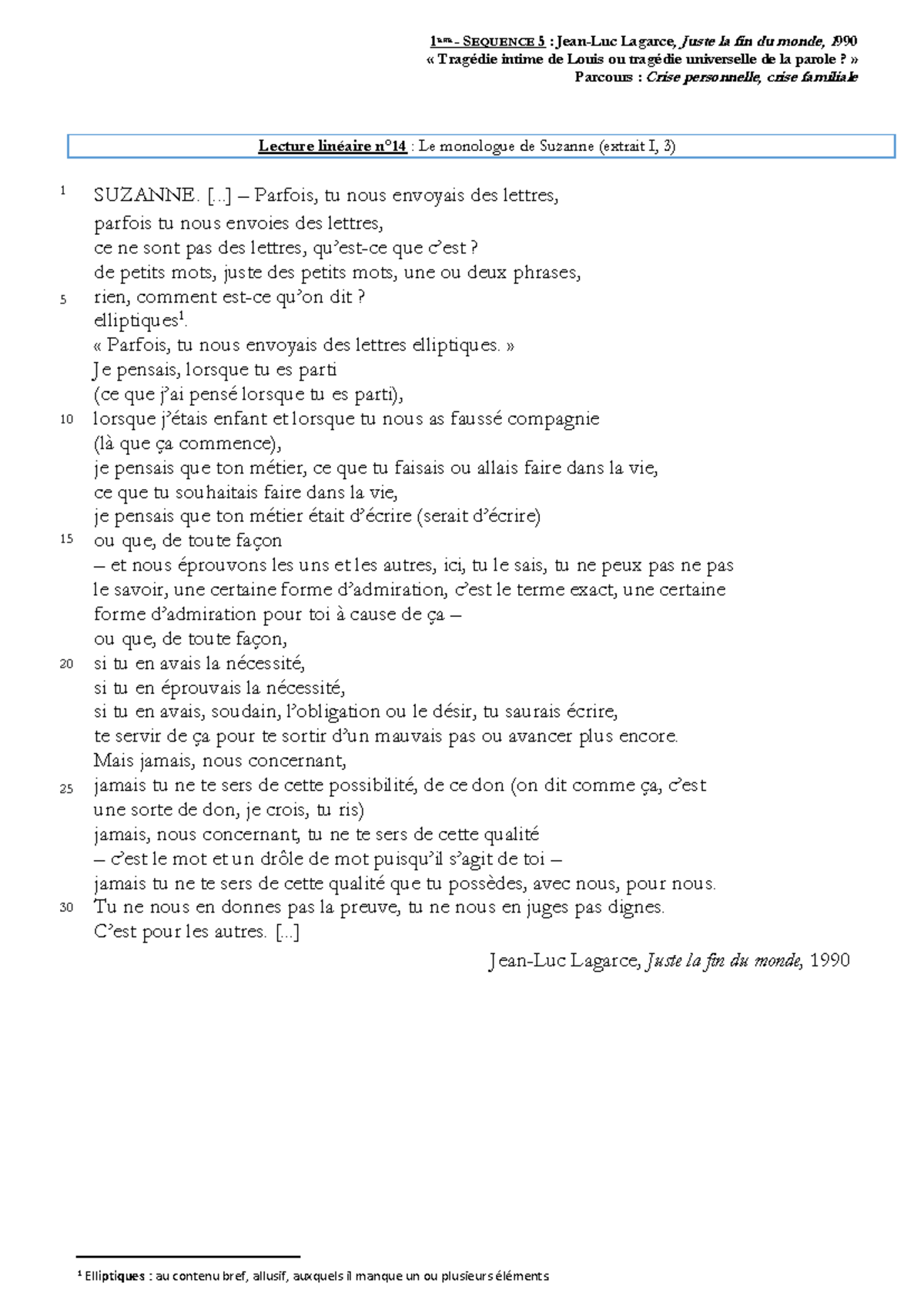 LL 14 Lagarce - le monologue de Suzanne - 1 ERE - SEQUENCE 5 : Jean-Luc ...