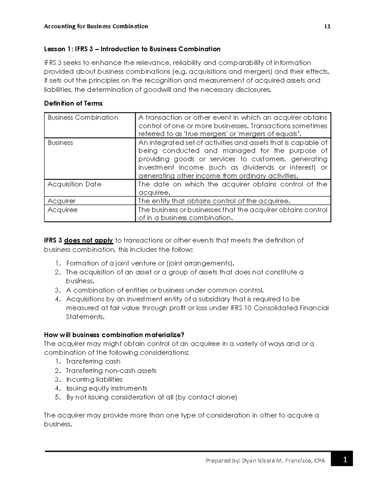 Lec Introduction to Business Combination - Lesson 1: IFRS 3 ...