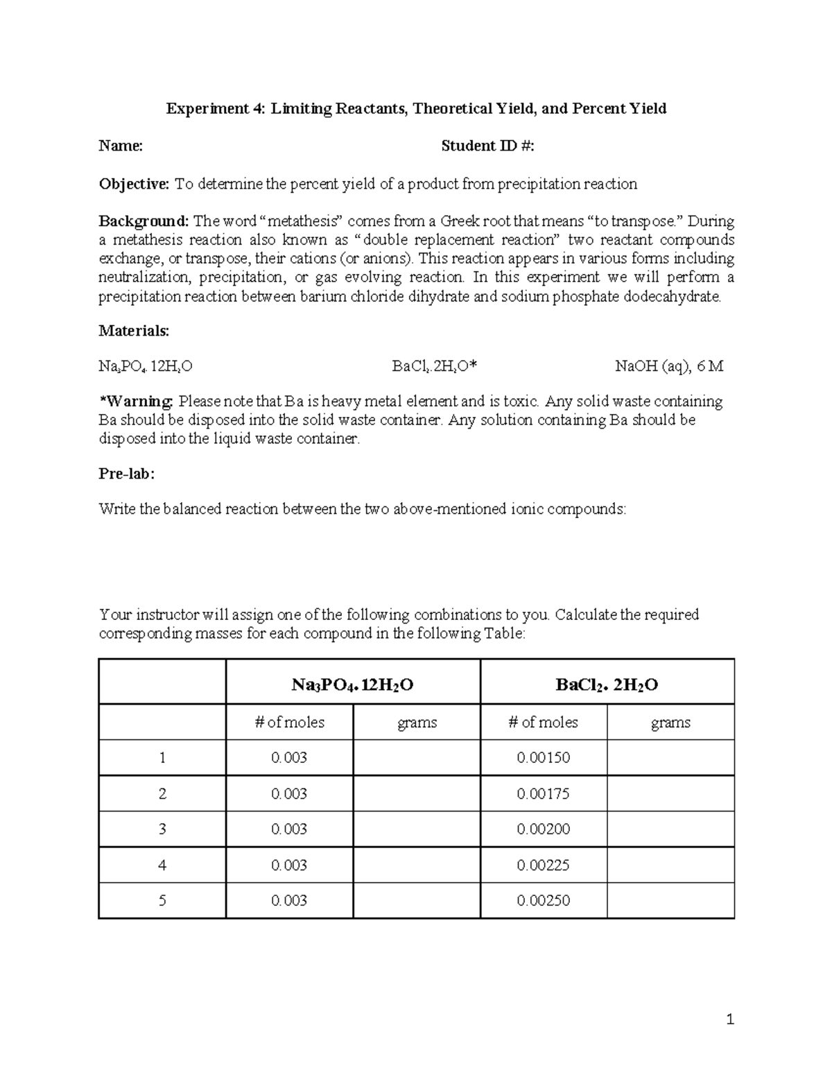 EXP 4 - Stoichiometry - Lab Notes - Experiment 4: Limiting Reactants ...
