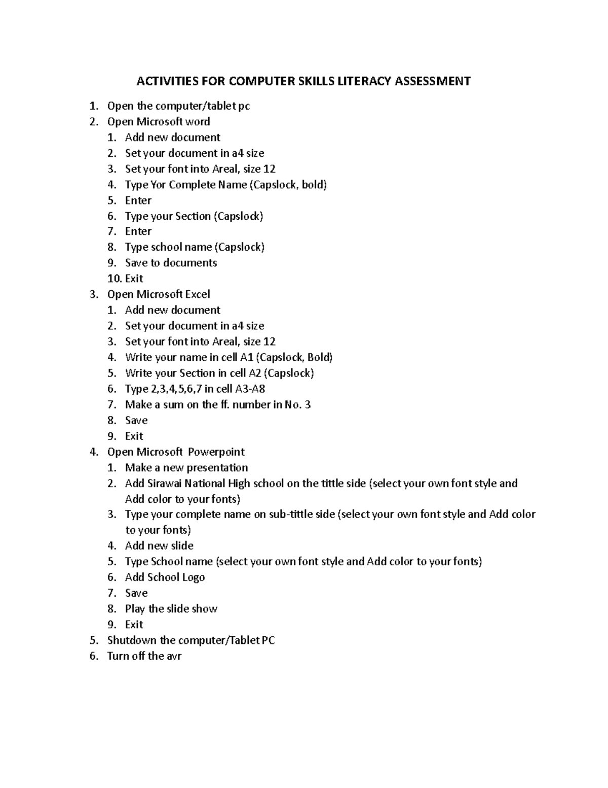 Activities FOR Computer Skills Literacy Assessment - ACTIVITIES FOR ...