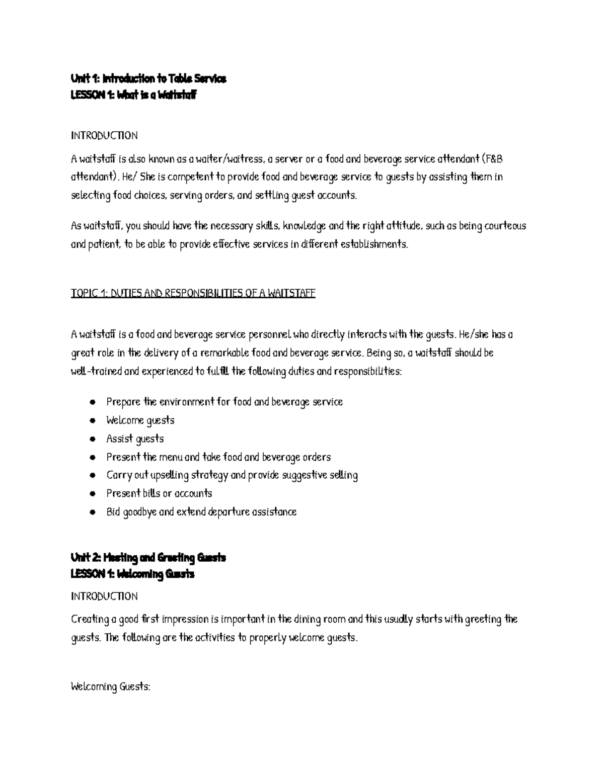 Introduction to Table Service - Unit 1: Introduction to Table Service ...