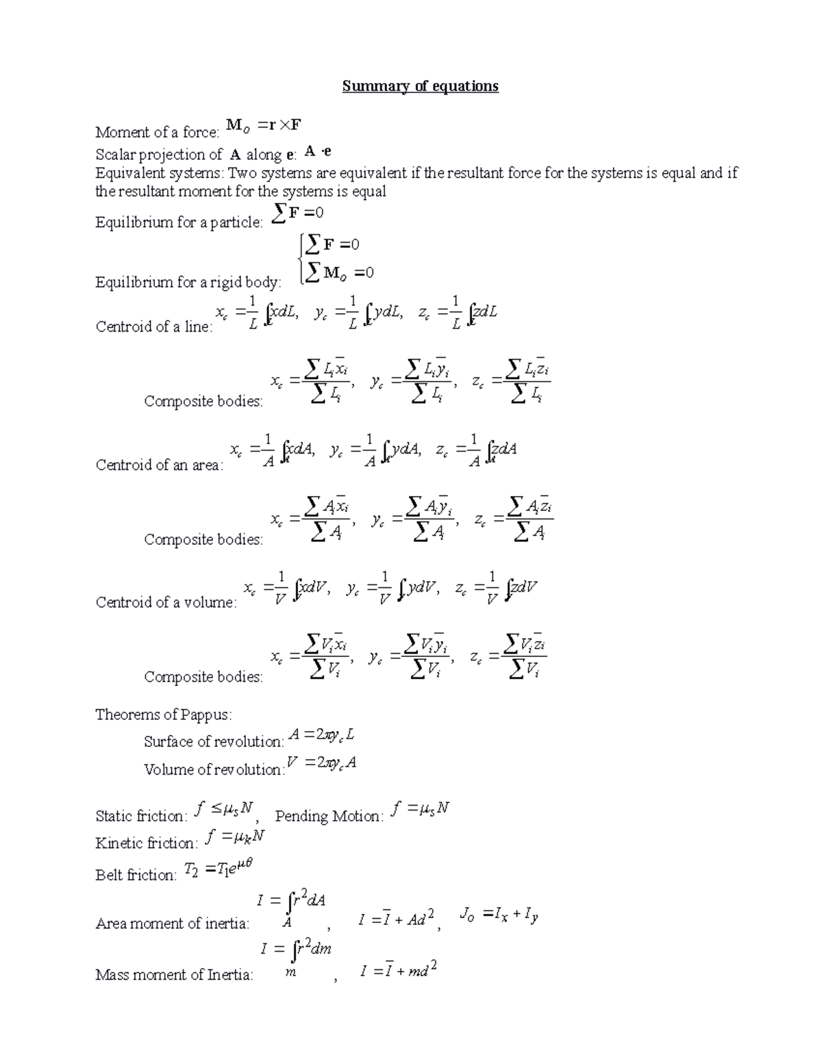 Summary of equations - review - Summary of equations Moment of a force ...