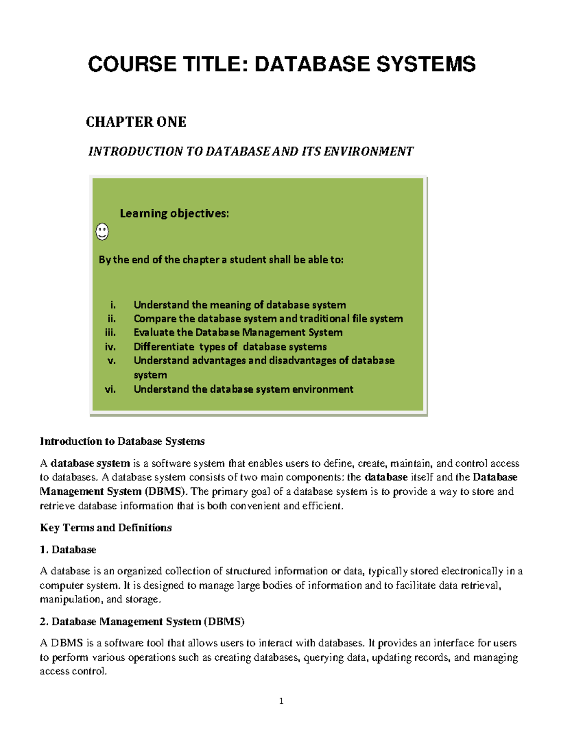 Database Systems - NOTES - COURSE TITLE: DATABASE SYSTEMS CHAPTER ONE ...