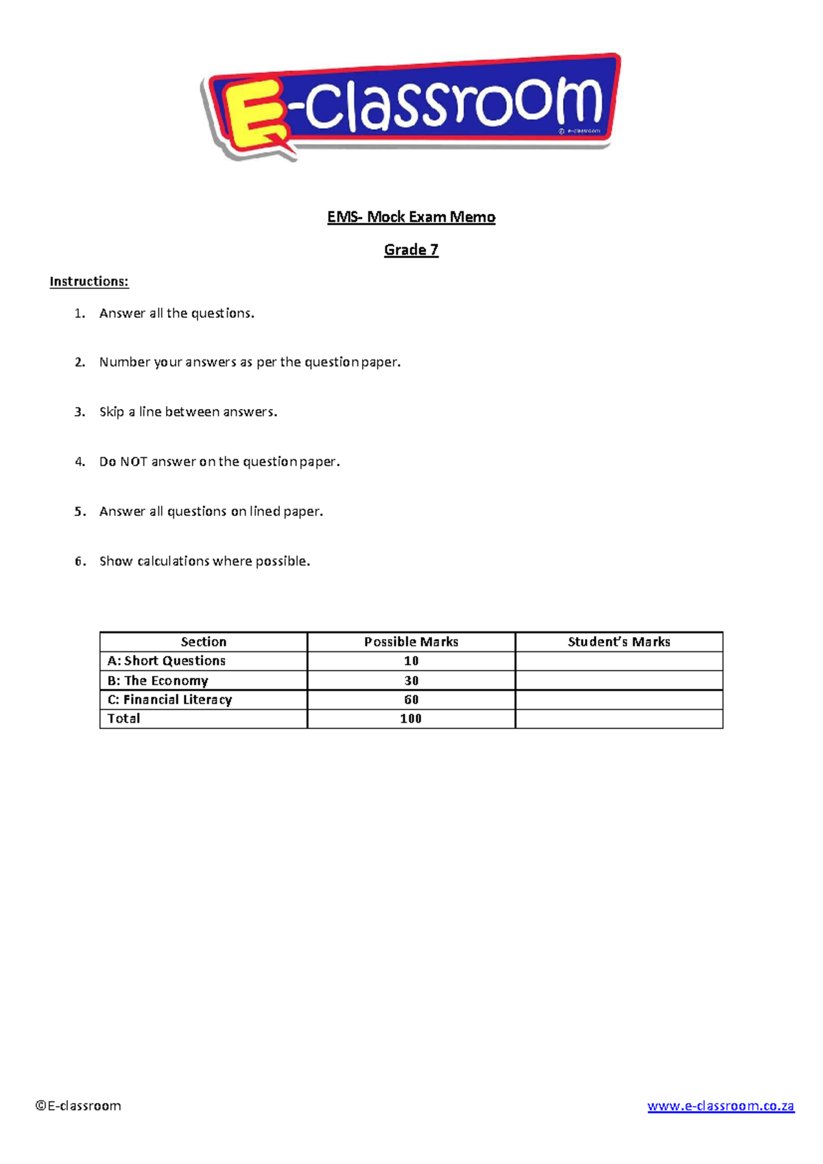 Gr07 ems term2 pack01 practice paper memo - EMS- Mock Exam Memo Grade 7 ...