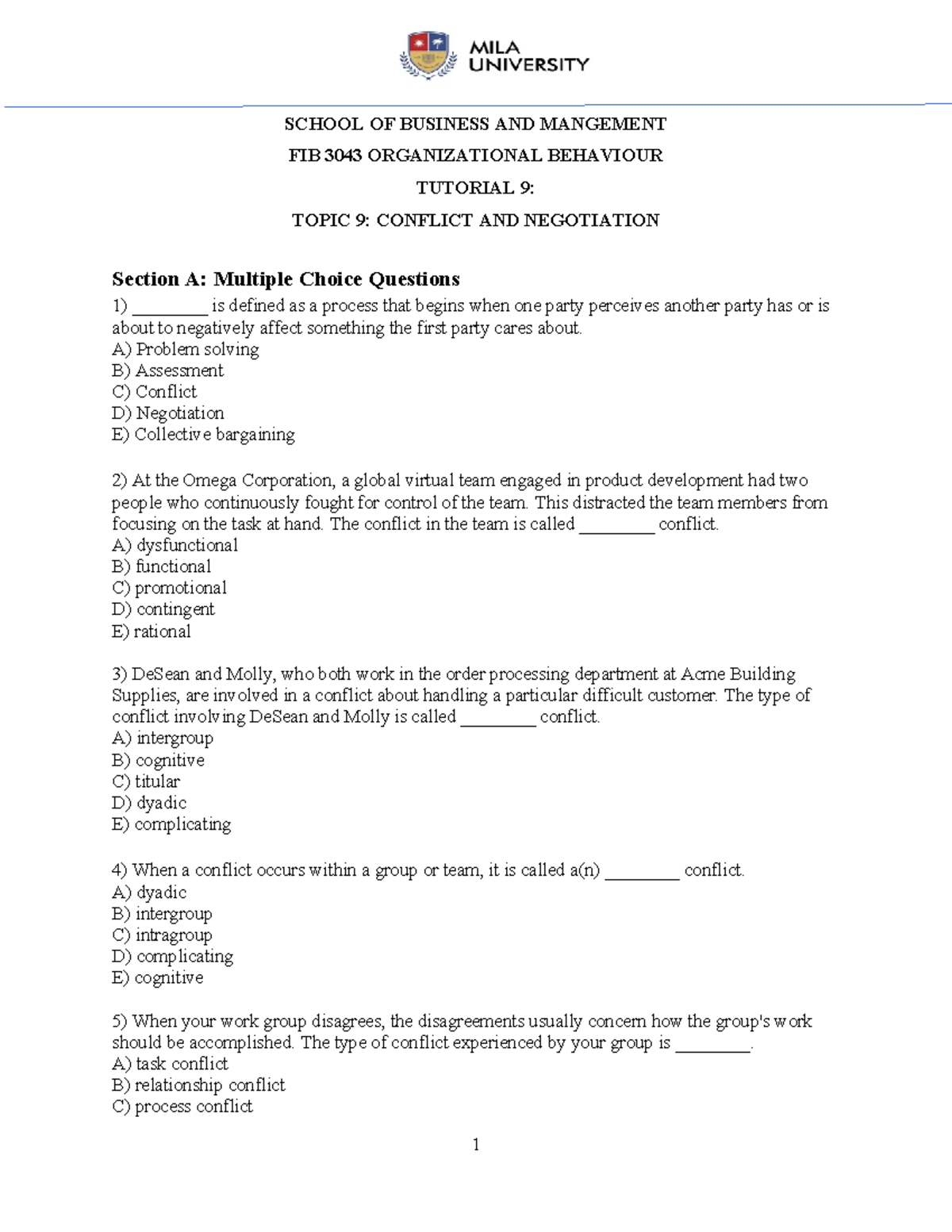 Tutorial Topic#9 - ntg - SCHOOL OF BUSINESS AND MANGEMENT FIB 3043 ORGANIZATIONAL BEHAVIOUR ...