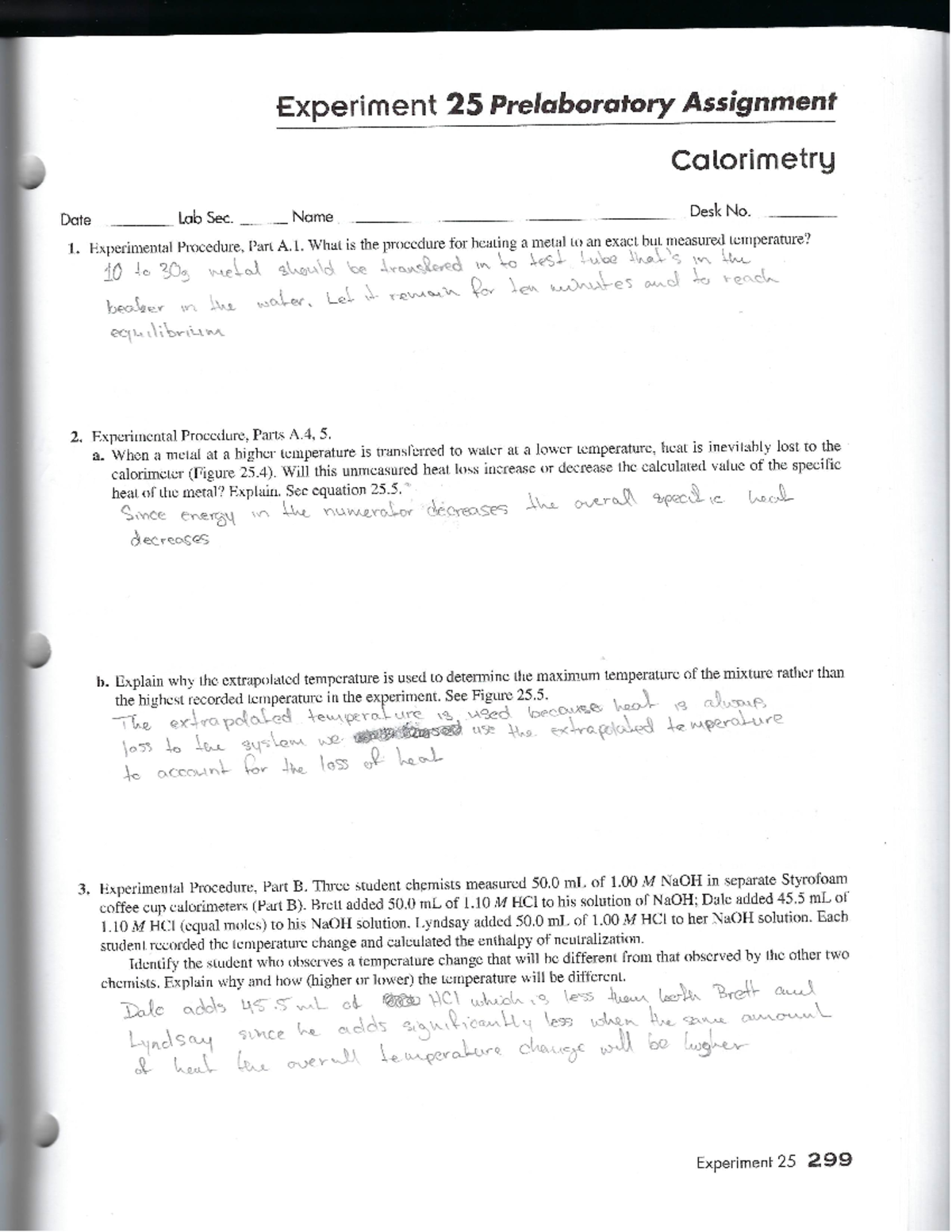 Experinent 25 prelab - Experiment 25 Prelaboratory Assignment Calorimetry Date Lab Sec. Name ...