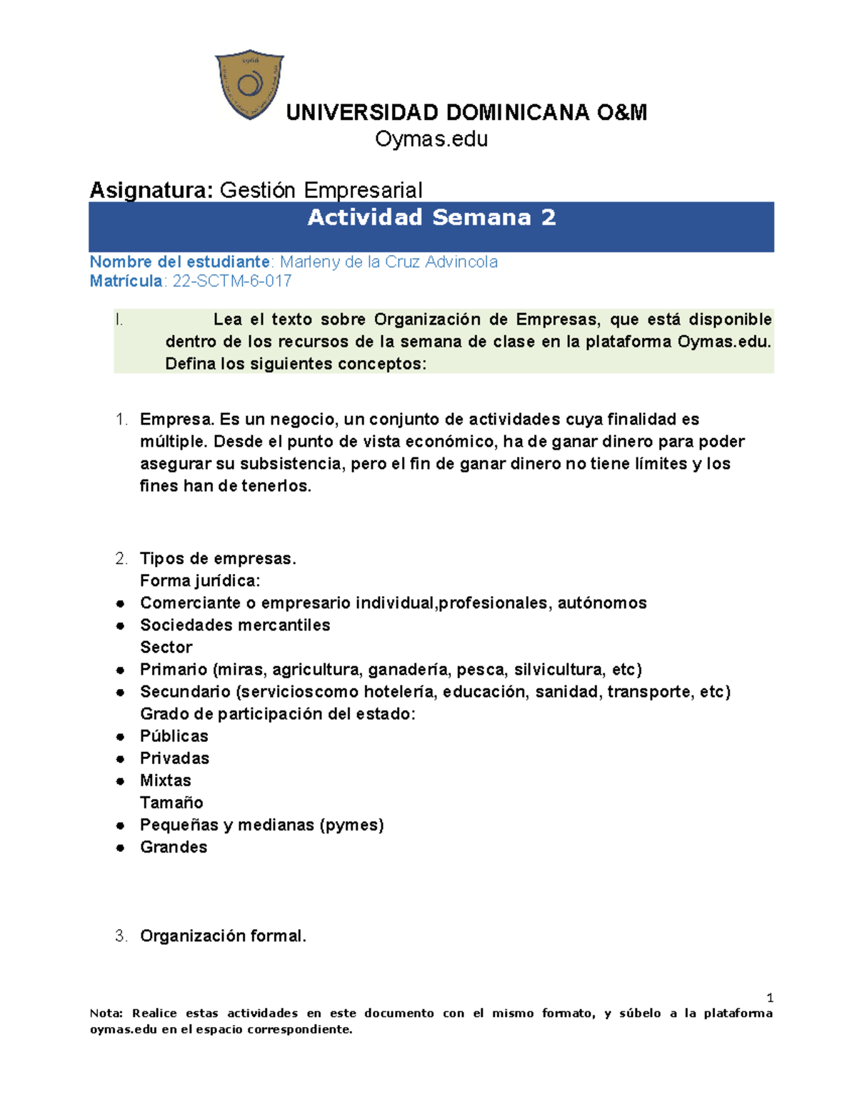 Actividad Semana 2 Gesti 0N Empresarial - Oymas Asignatura: Gestión ...