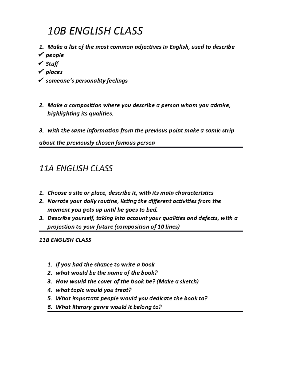 10B English Class - guia de repaso - 10B ENGLISH CLASS 1. Make a list ...