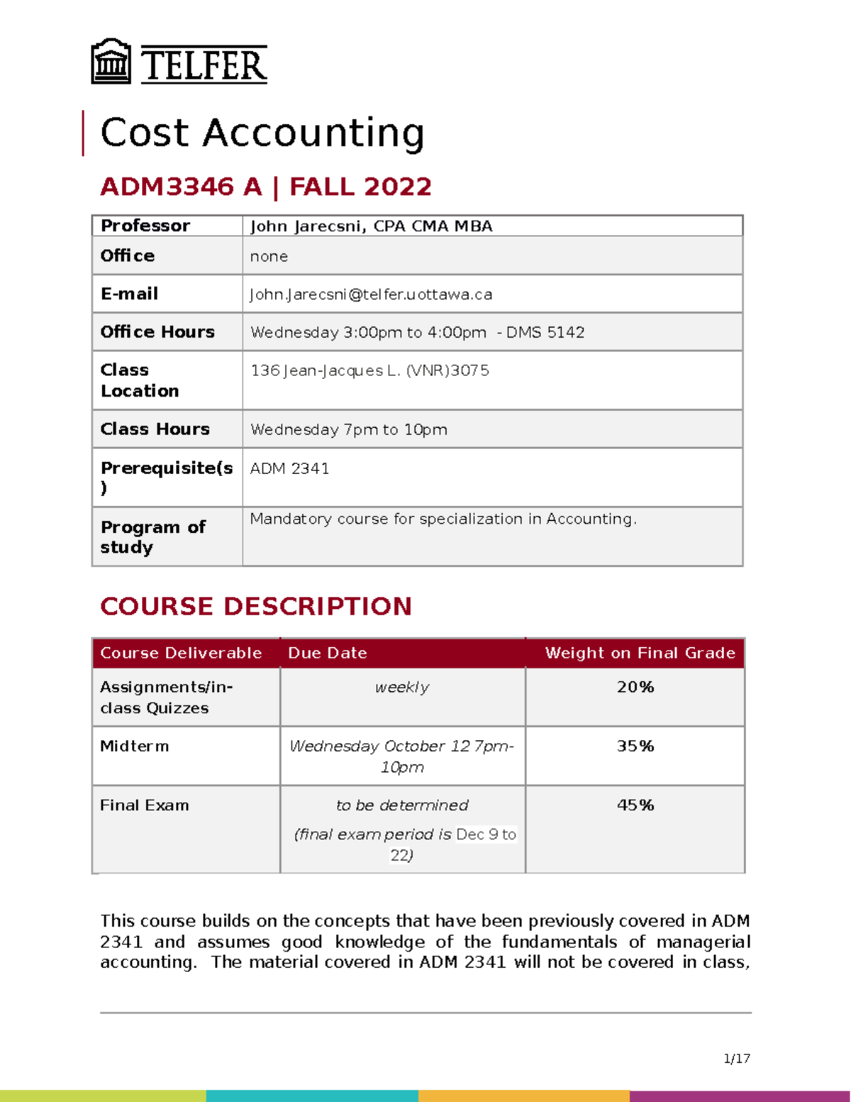 Course Outline Fall 2022 - Cost Accounting ADM3346 A | FALL 2022 ...