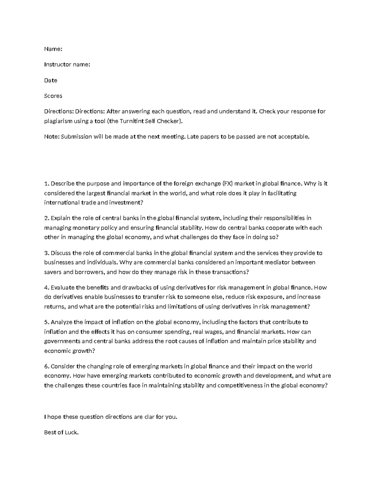 Essay Quiz 1 Ellective - Name: Instructor name: Date Scores Directions ...