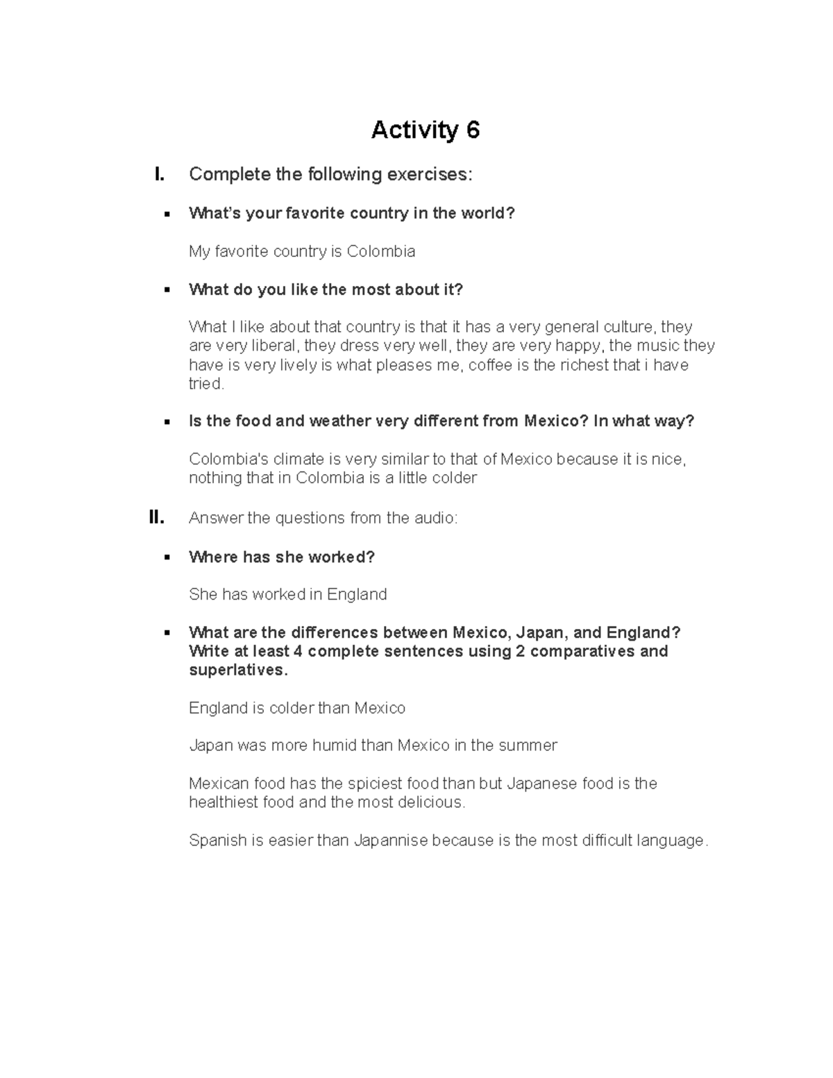 Act 6 - Actividad 6 - Activity 6 I. Complete the following exercises ...