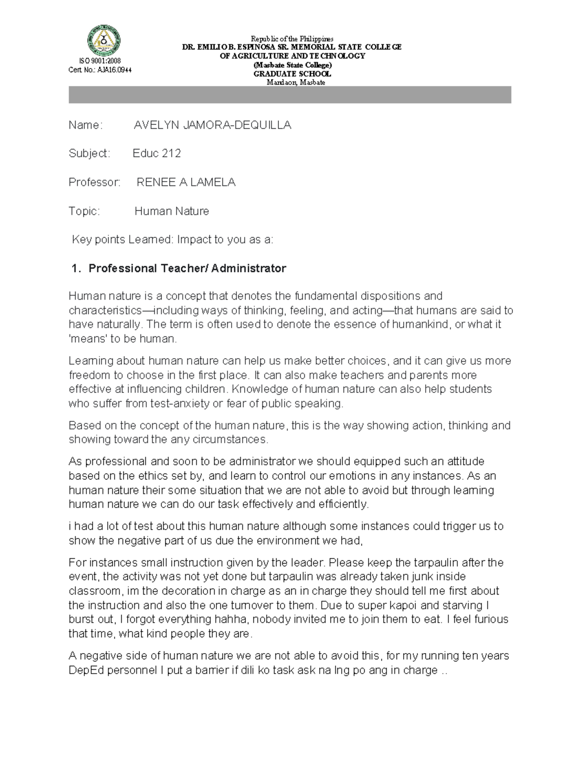 KEY p OINt huma N na TURE dequi LLA Av Ely - ISO 9001: Cert. No.: AJA16. Republic of the ...