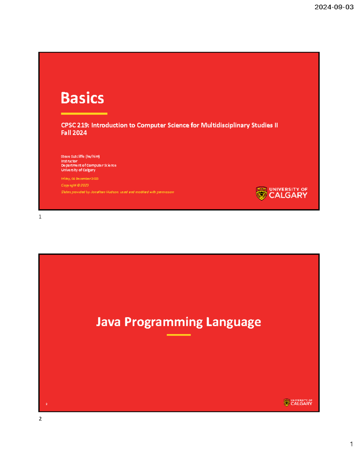 01 Java Basics Topic 1 Basics Cpsc 219 Introduction To Computer Science For