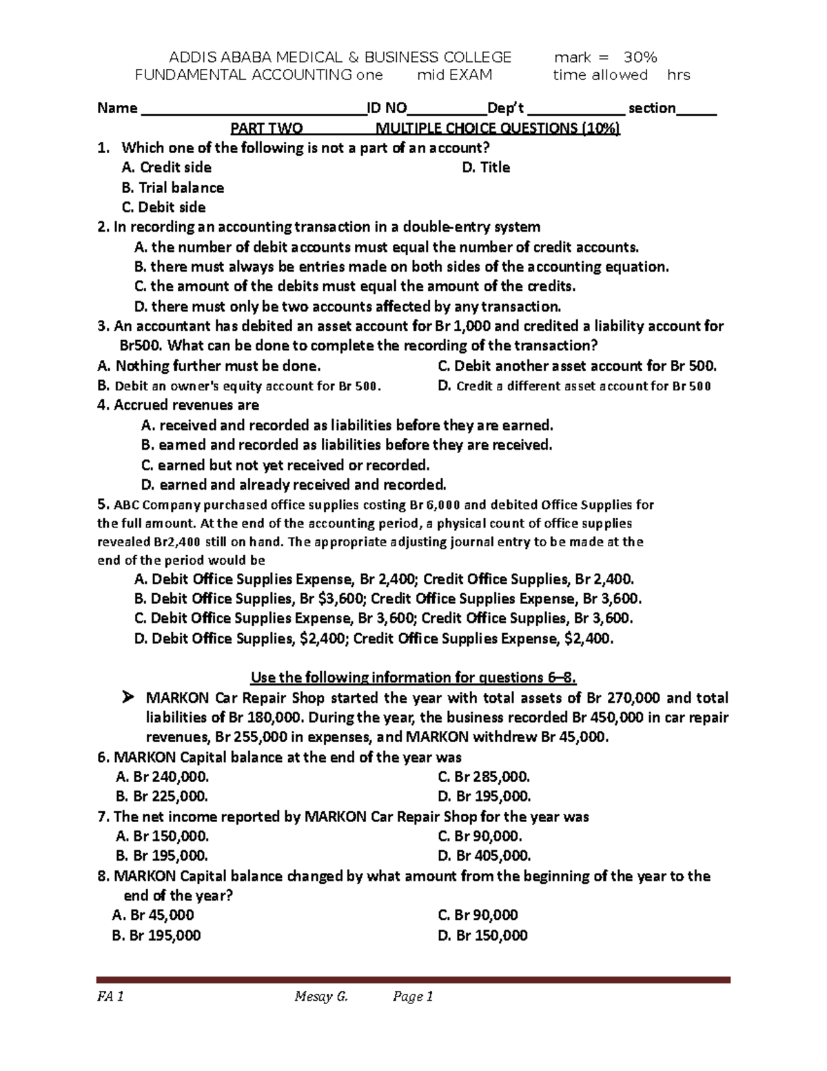 2014 ext MID EXAM - test - ADDIS ABABA MEDICAL & BUSINESS COLLEGE mark ...