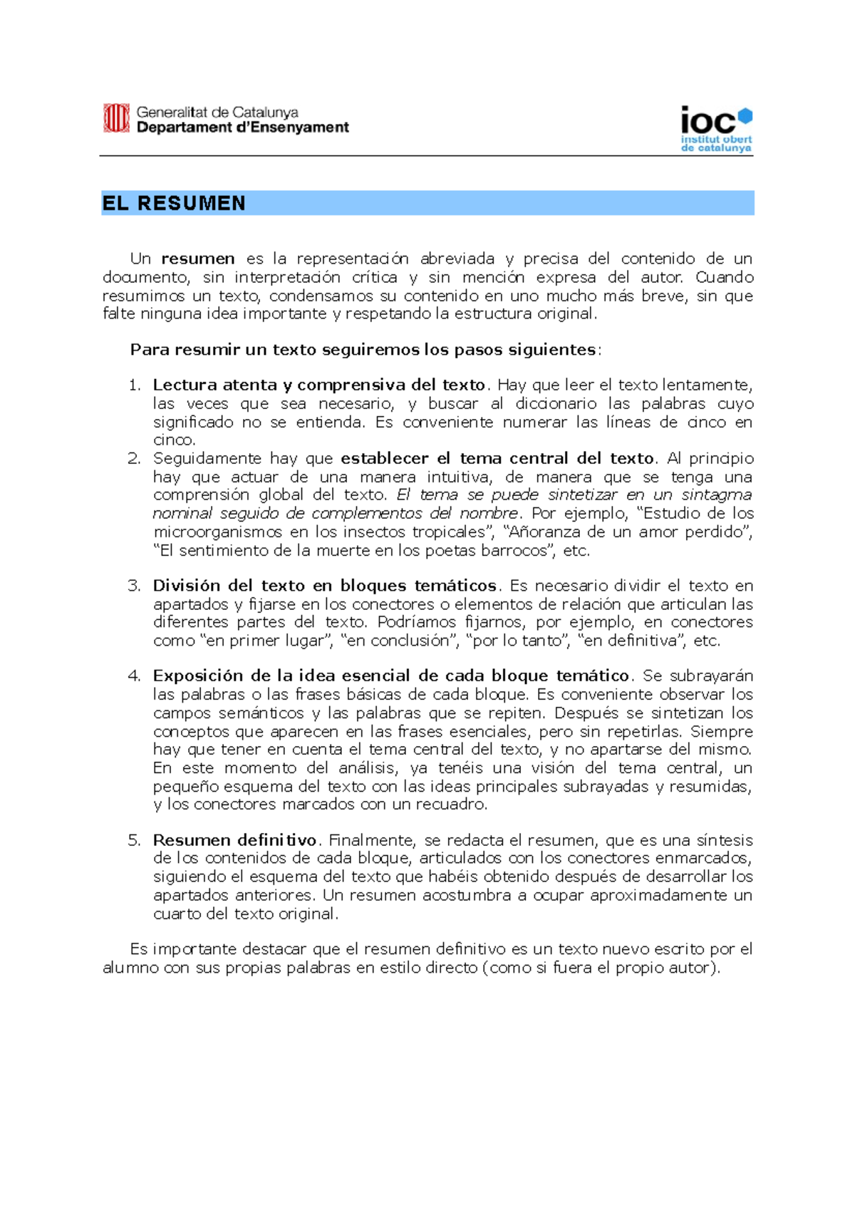 COMO Resumir UN Texto - Lengua castellana - EL RESUMEN Un resumen es la ...