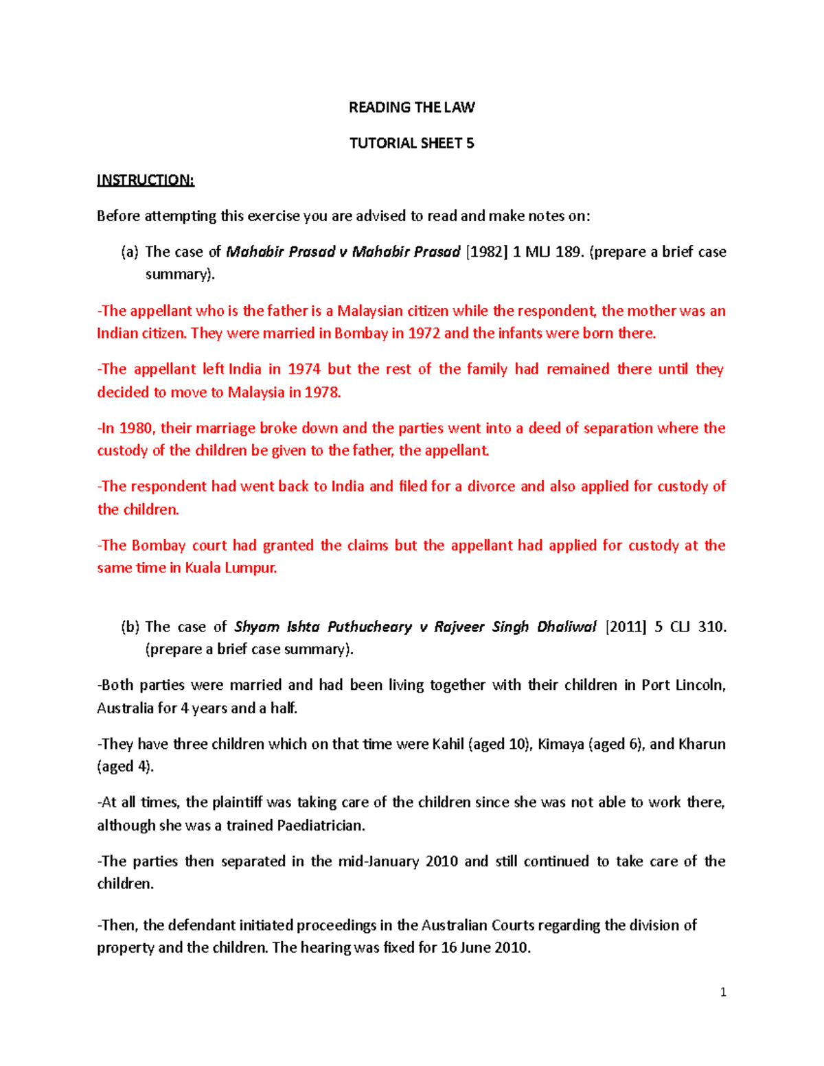 Tutorial Sheet 5 Reading the Law Legislation, Case Secondary Source ...