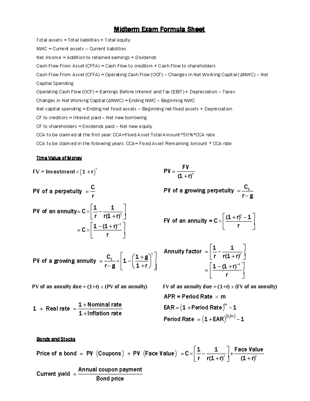 Midterm Exam Formula Sheet - Midterm Exam Formula Sheet Total assets = Total liabilities + Total ...