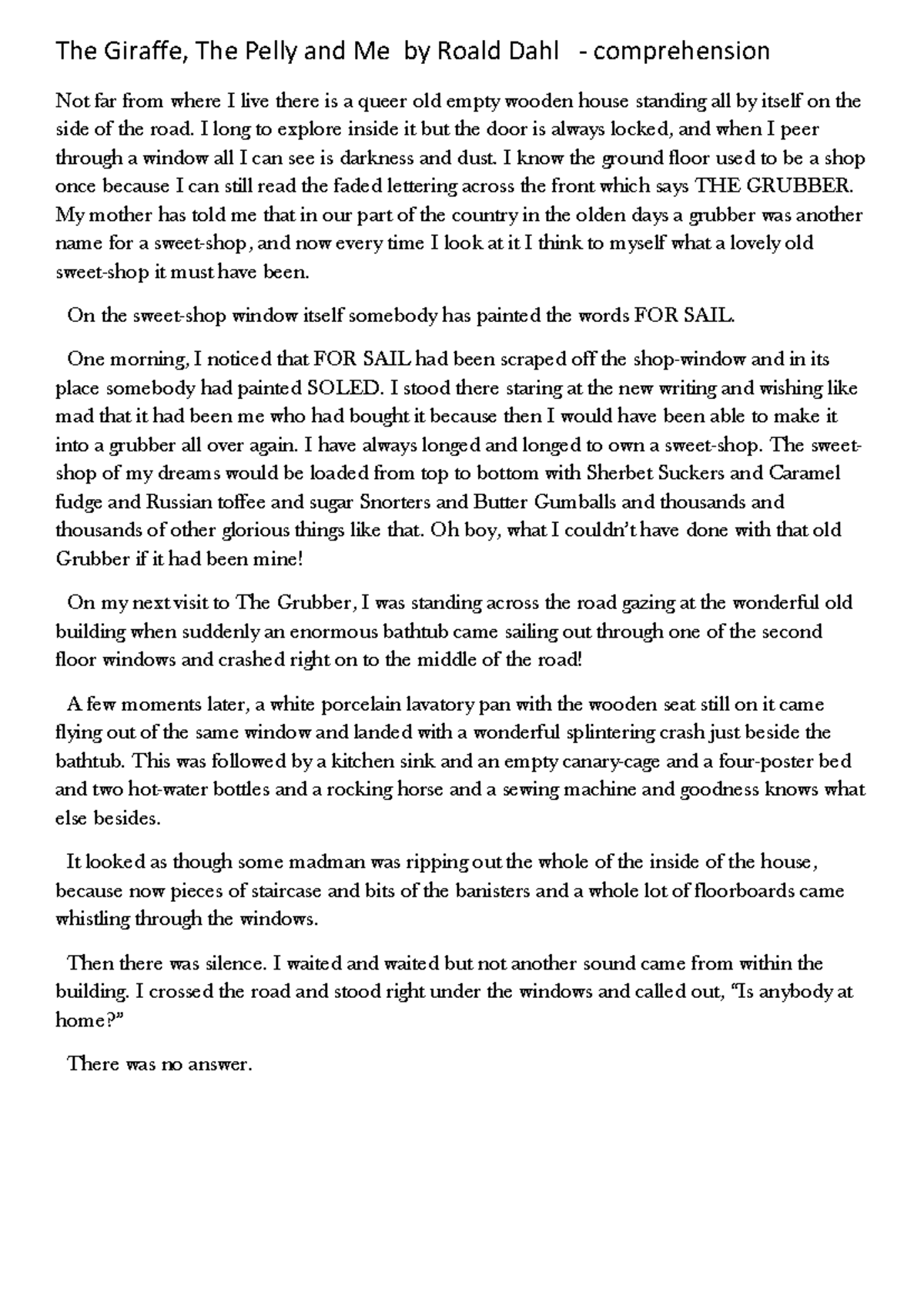 Comprehension Giraffe Pelly ME - The Giraffe, The Pelly and Me by Roald ...