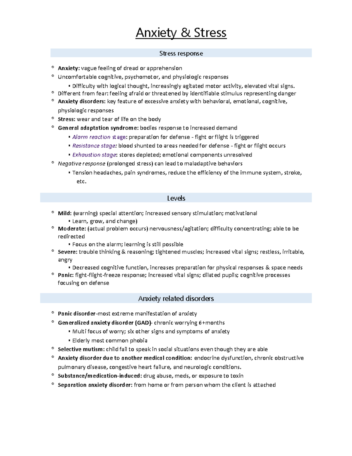 Anxiety & Stress - Anxiety & Stress Stress response ∫ Anxiety: vague ...