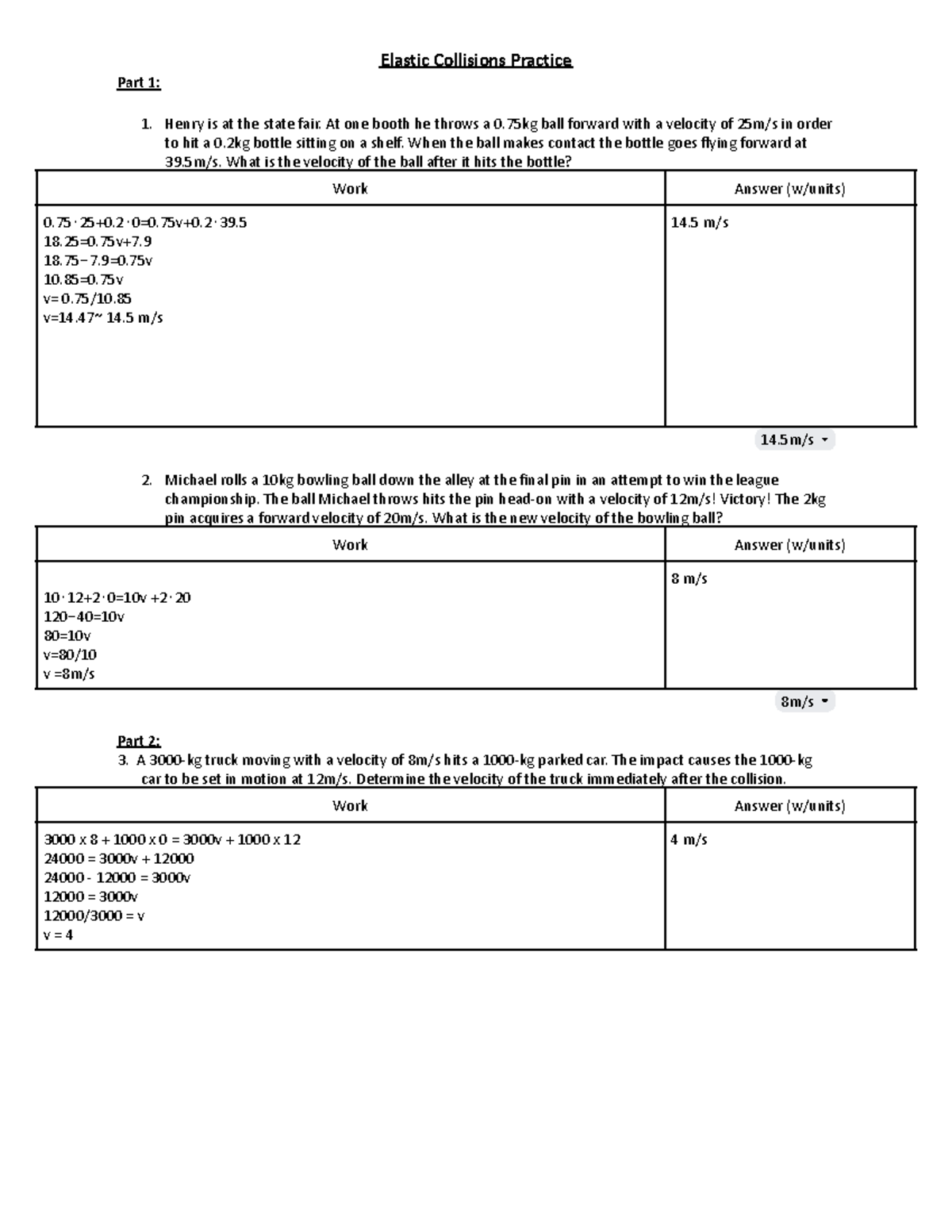 Copy of Elastic Collisions Practice - Elastic Collisions Practice Part ...