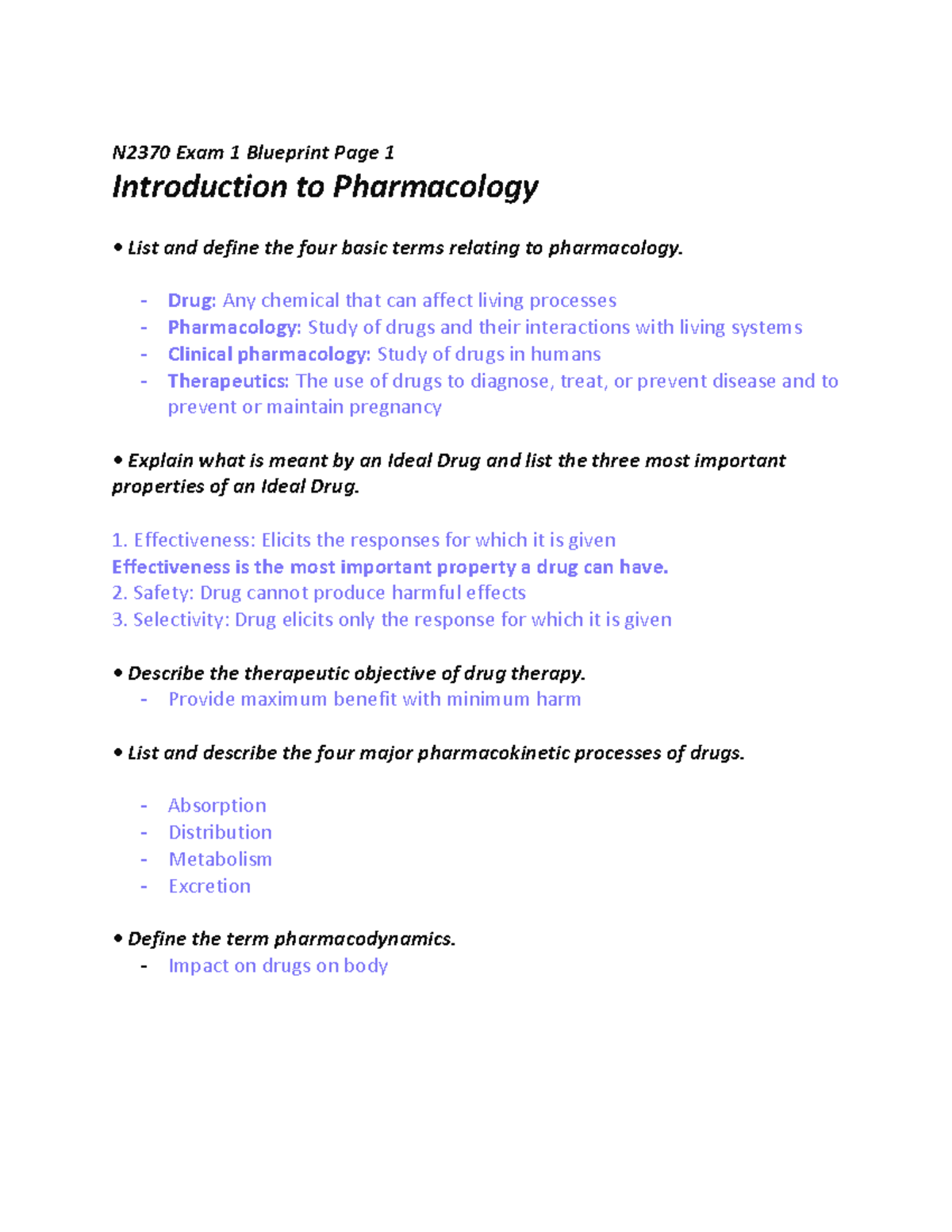 Pathopharm Exam 1 Blueprint - N2370 Exam 1 Blueprint Page 1 ...
