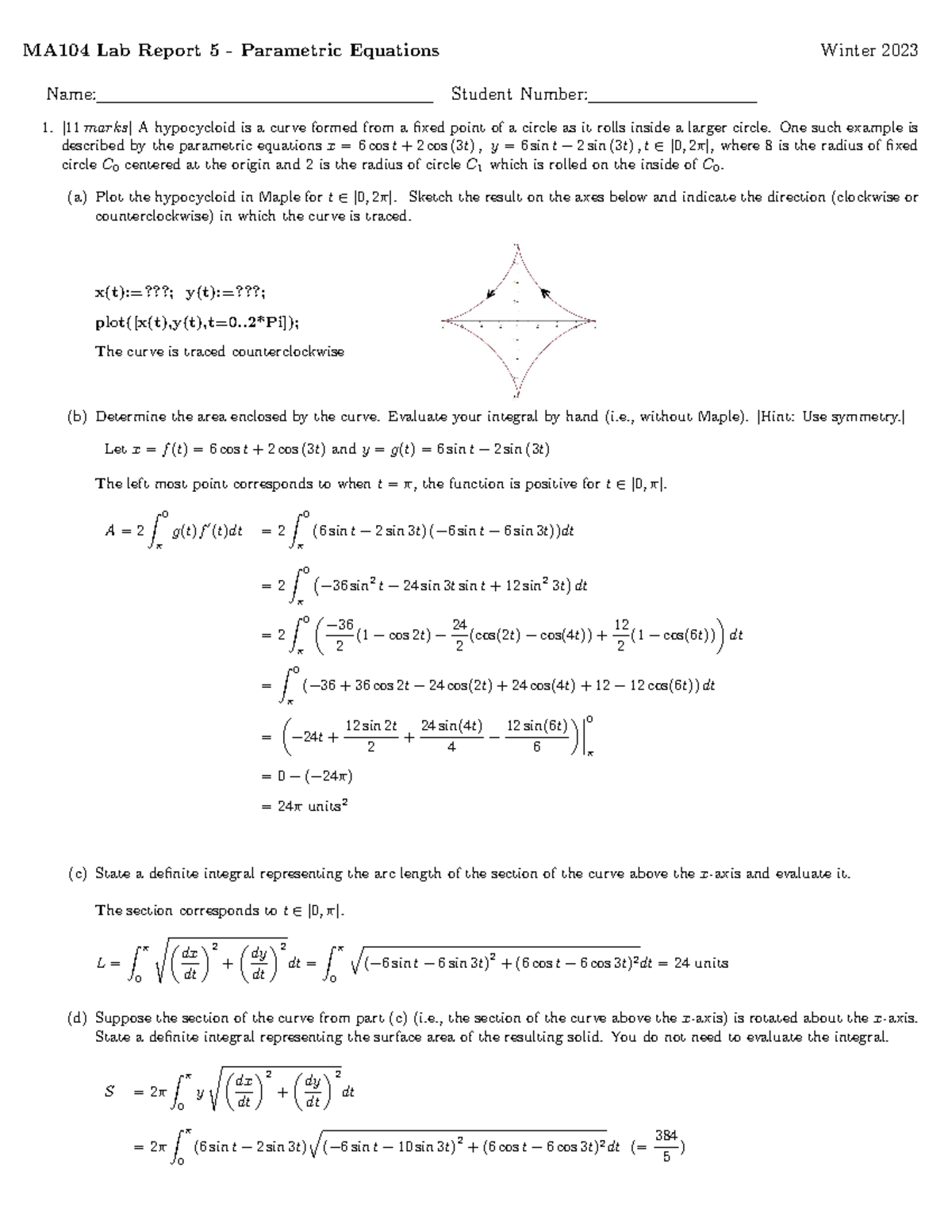 104Lab5Soln - MA104 Lab Report 5 - Parametric Equations Winter 2023 ...