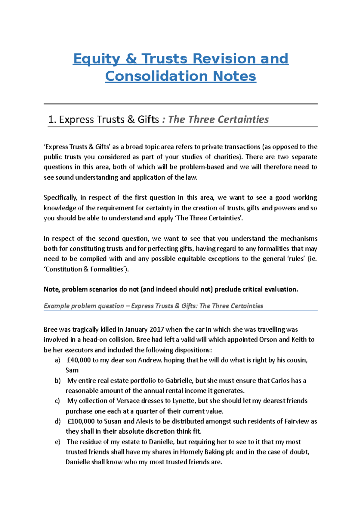 Equity - Express Trusts & Gifts : The Three Certainties ‘Express Trusts & Gifts’ as a broad ...