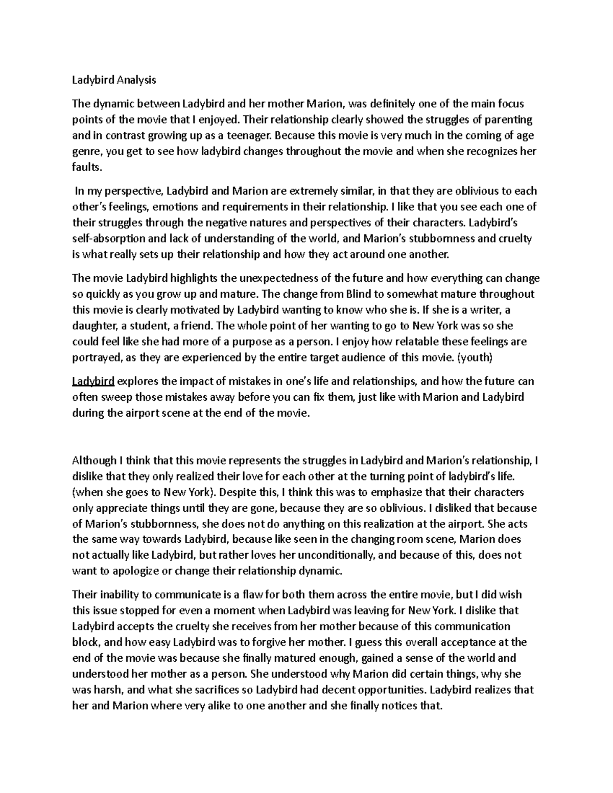 Ladybird Analysis - Ladybird Analysis The dynamic between Ladybird and ...