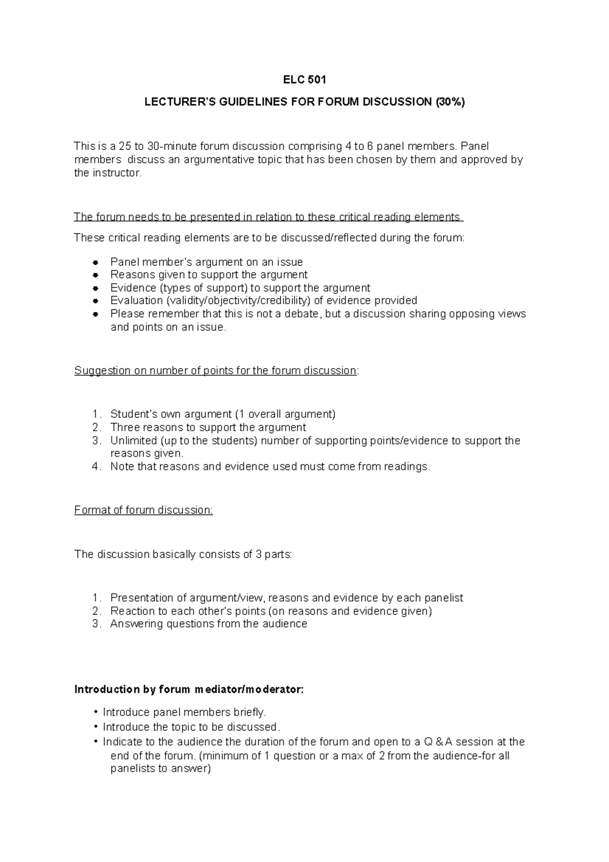 ELC501 Forum Discussion Guide- Revised (280322) - ELC 501 LECTURER’S ...