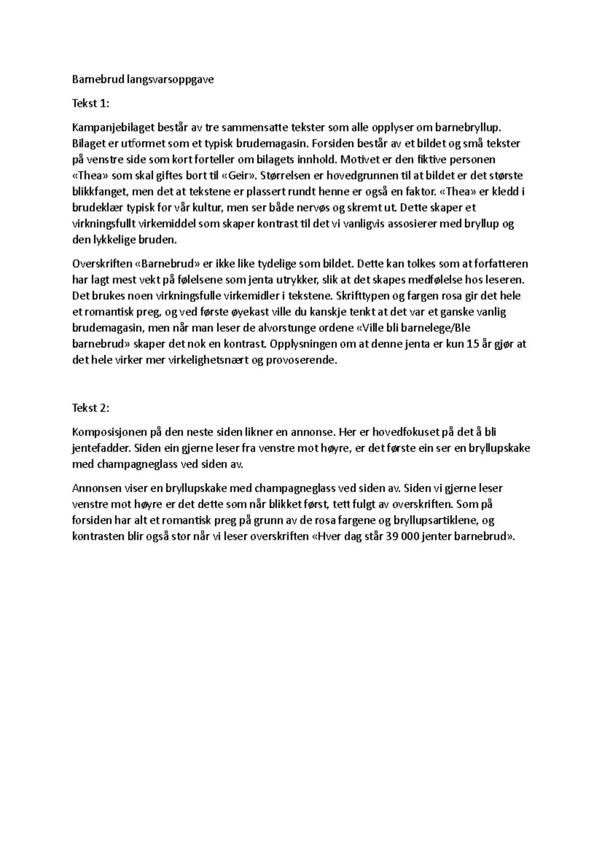 Barnebrud langsvarsoppgave - Barnebrud langsvarsoppgave Tekst 1 ...