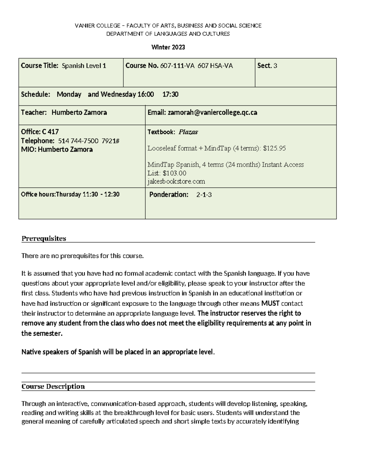 Course outline for Intro to Spanish - DEPARTMENT OF LANGUAGES AND ...