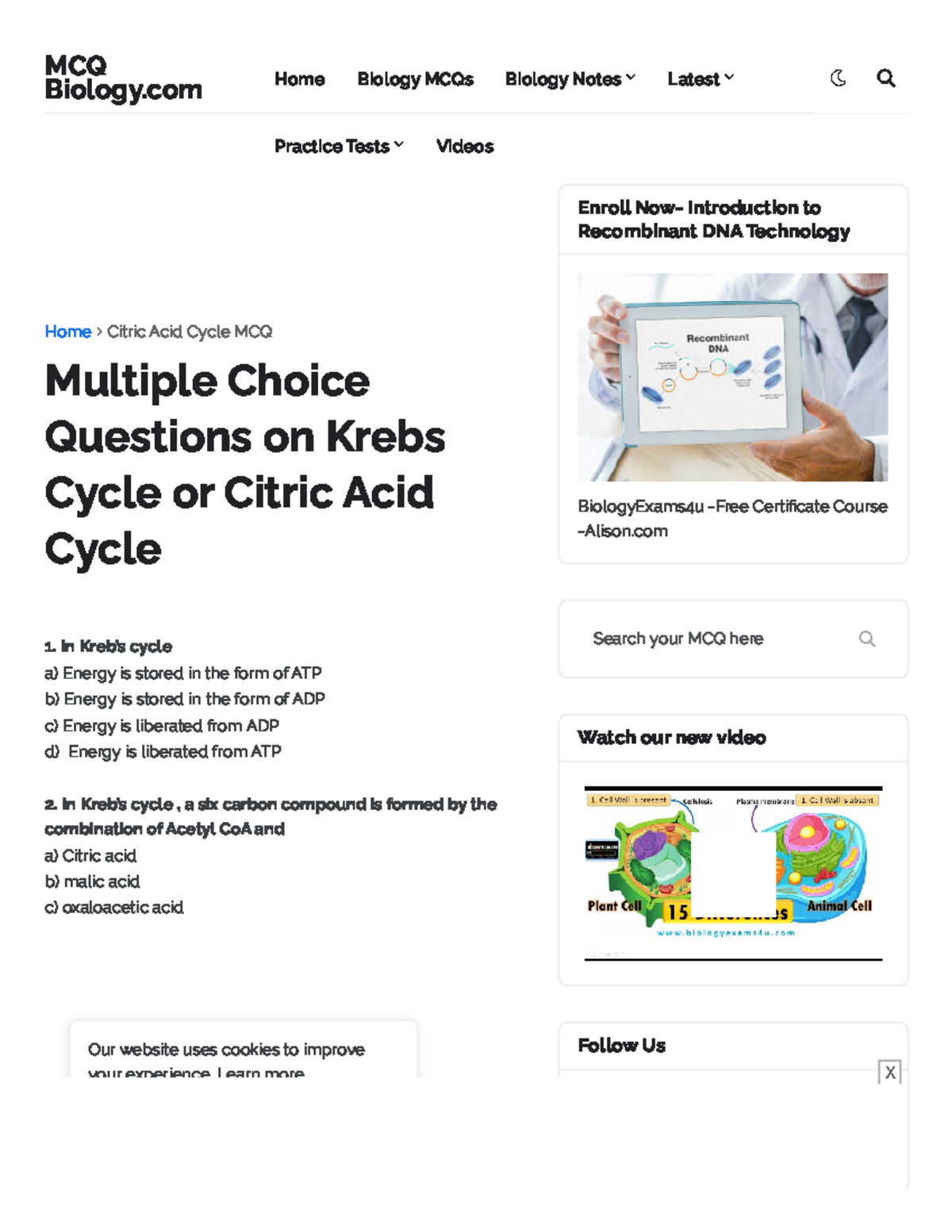 Multiple Choice Questions on Krebs Cycle or Citric Acid Cycle - In Kreb ...