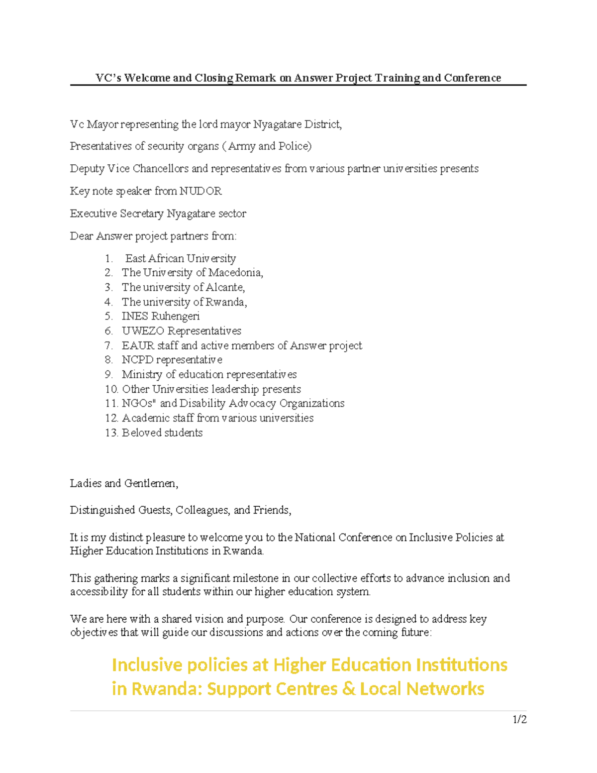 Opening remarks - how to speak in events - VC’s Welcome and Closing ...