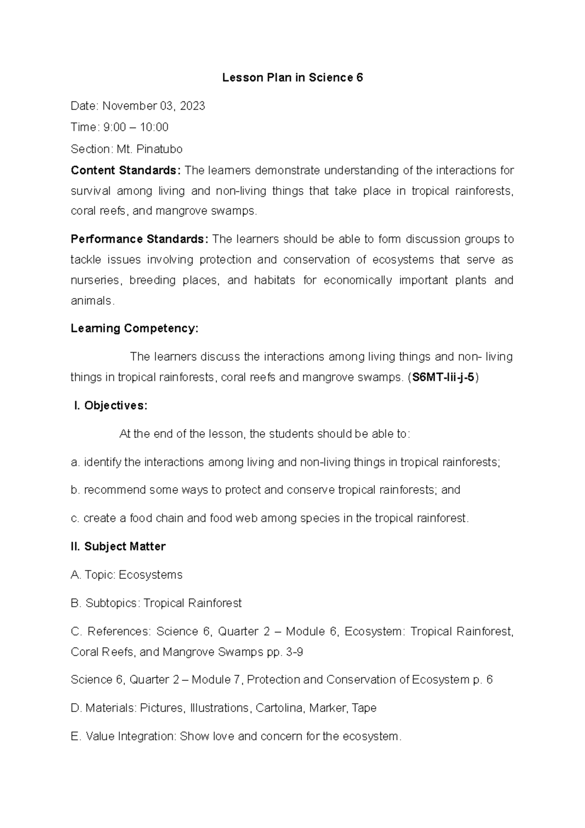 Lesson Plan - Tropical Rainforest - Lesson Plan in Science 6 Date ...