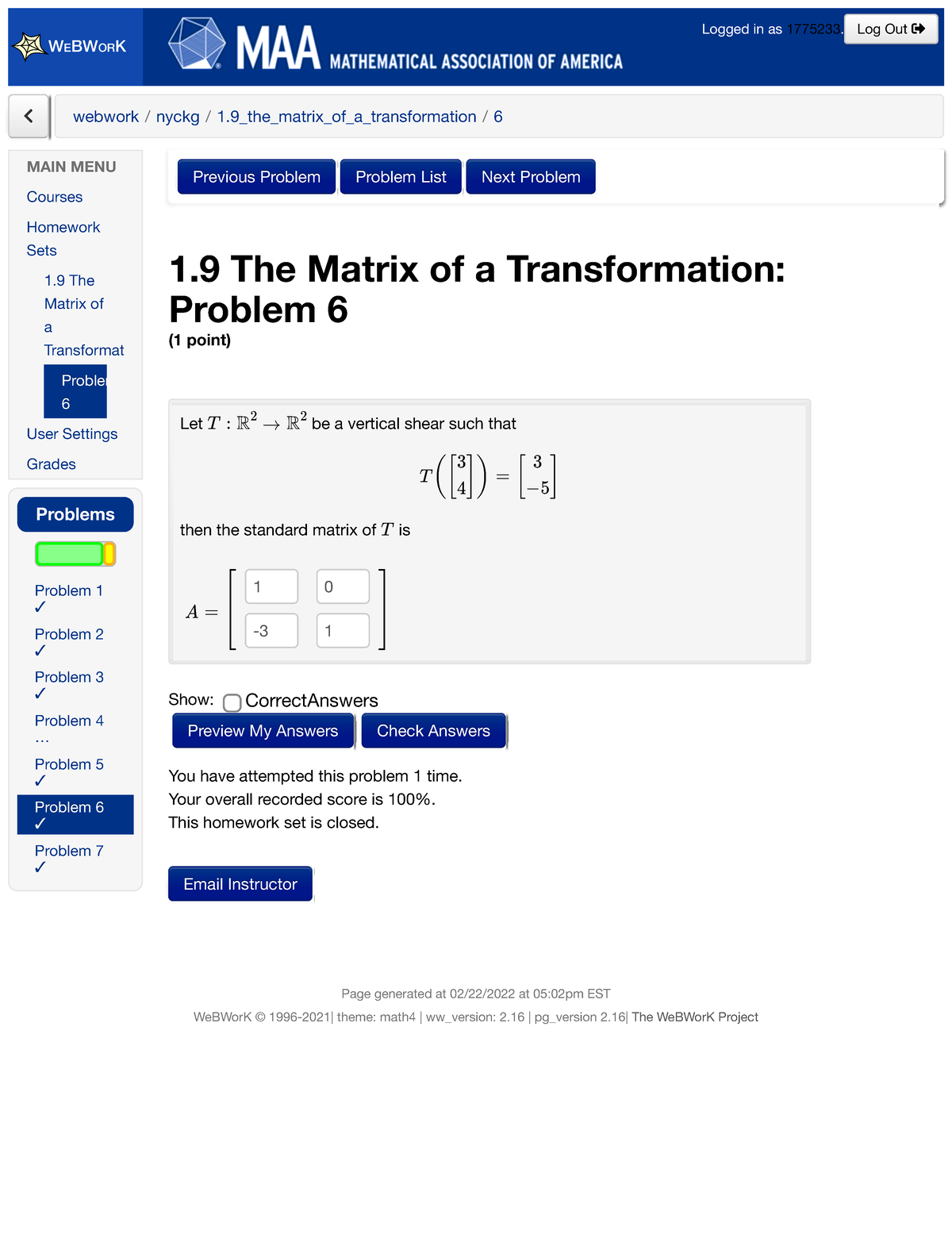 We BWor K NYCkg 1.9 The Matrix of a Transformation 6 - WEBWORK Logged ...