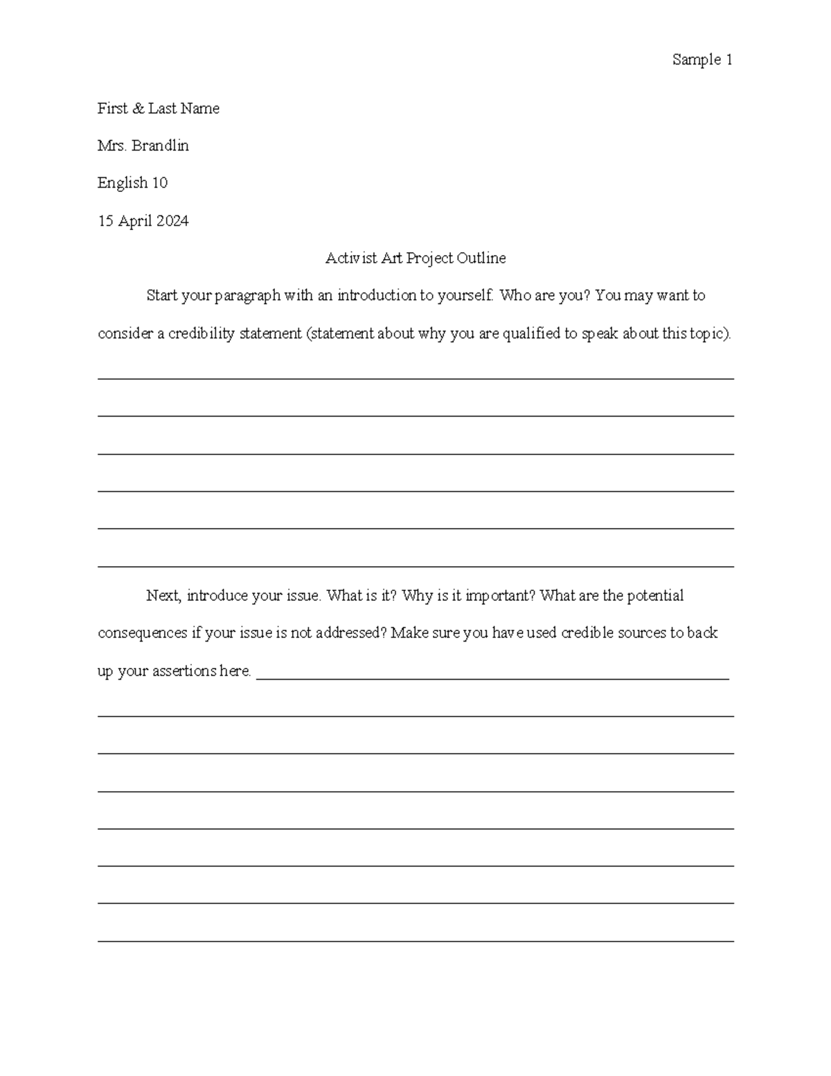 Activist+Art+Project+Paragraph+Outline - Sample 1 First & Last Name Mrs ...
