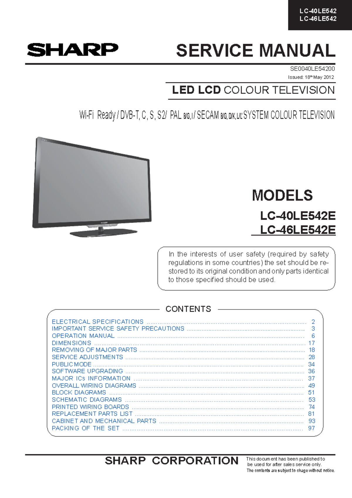 Sharp lc-40le542e lc-46le542e - LC-46LE MODELS LC-40LE542E LC-46LE542E ...