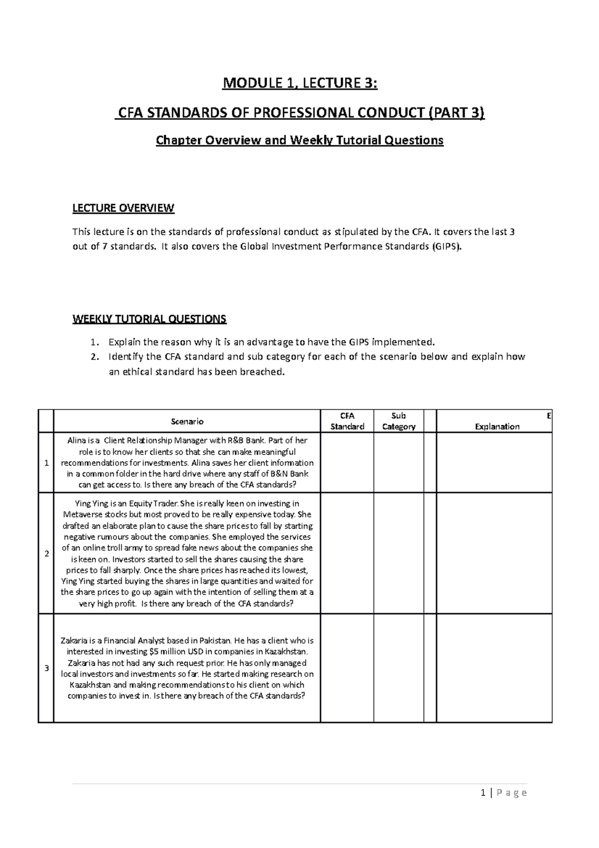 FIN2001 6 Module 1 Lecture 3 CFA Standards of Professional Conduct (Part 2)Questions - MODULE 1 ...