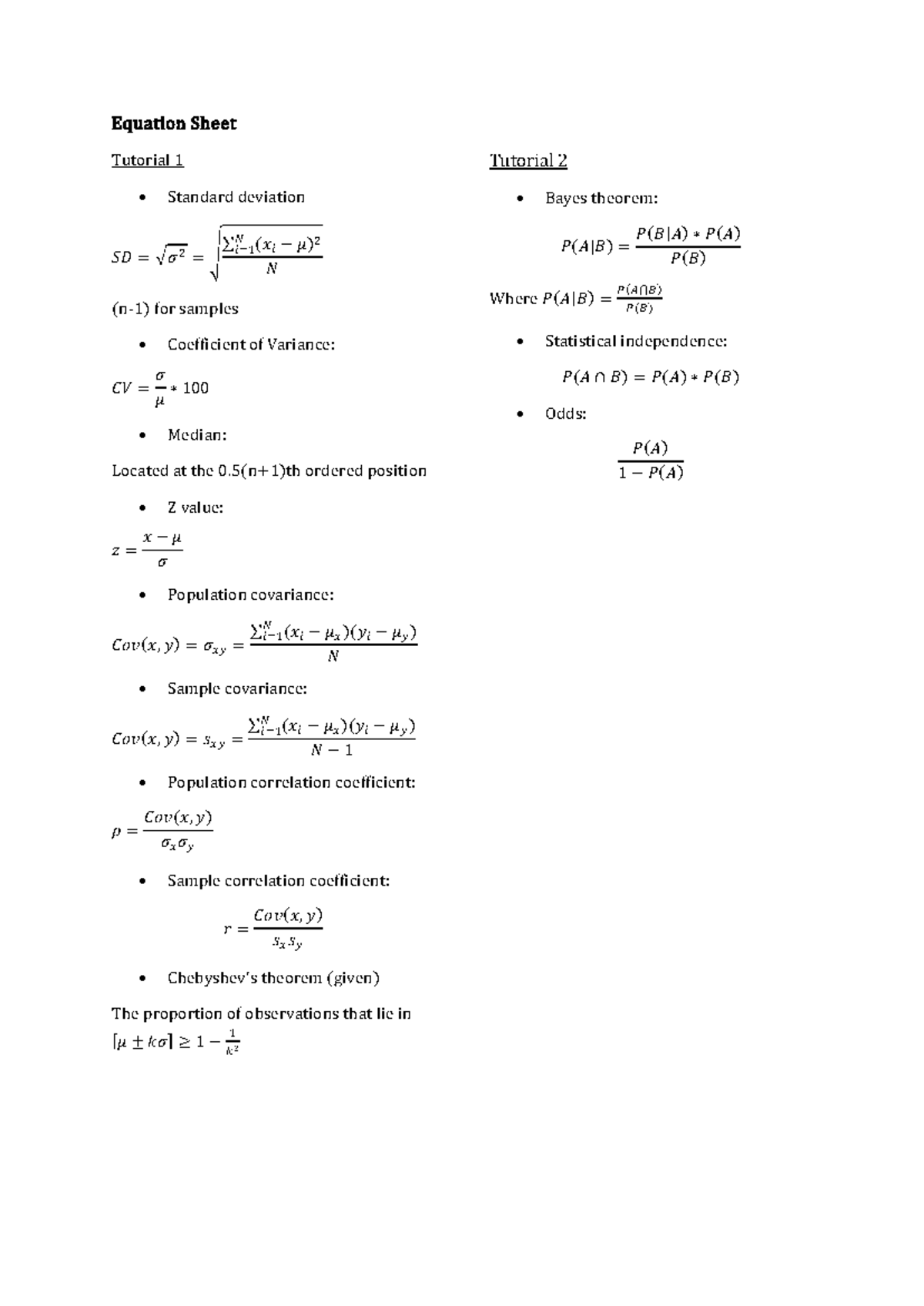 Equation sheet - Equation Sheet Tutorial 1 Standard deviation 𝑆𝐷 = 3 𝜎 ...