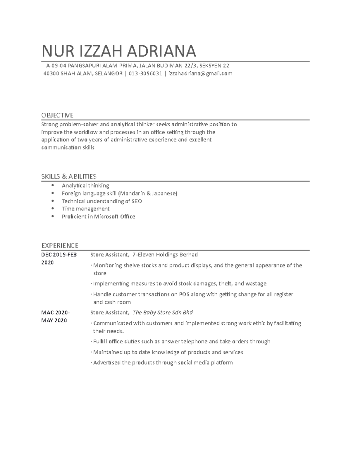 Resume ASM - NUR IZZAH ADRIANA A-09-04 PANGSAPURI ALAM PRIMA, JALAN BUDIMAN 22/3, SEKSYEN 22 ...