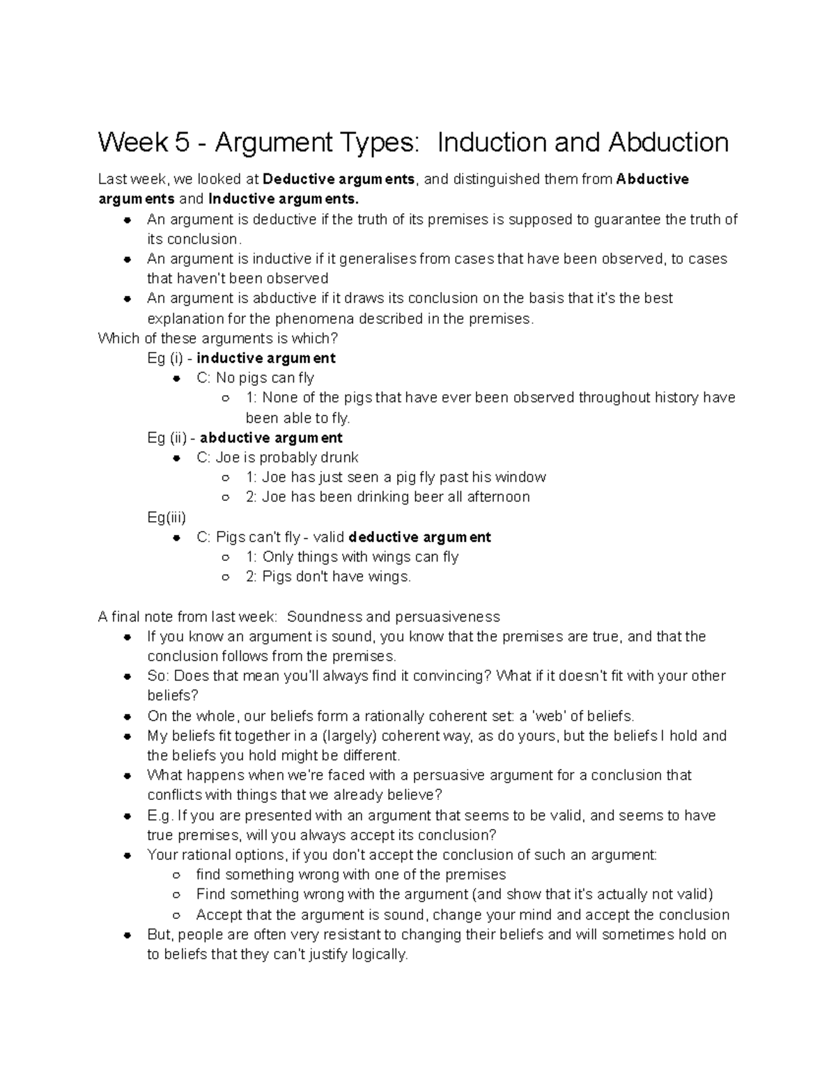 Week 5- 1phil - lecture notes - Week 5 - Argument Types: Induction and ...