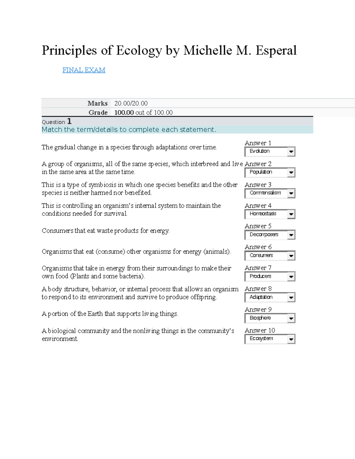 Principles of Ecology Final Exam - Principles of Ecology by Michelle M ...