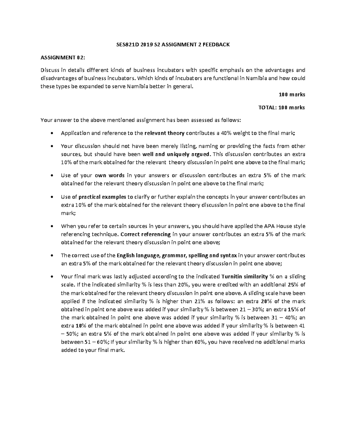 SES821S 2019 s2 FTL Assignment 2 Feedback 190925 - SES821D 2019 S2 ASSIGNMENT 2 FEEDBACK ...